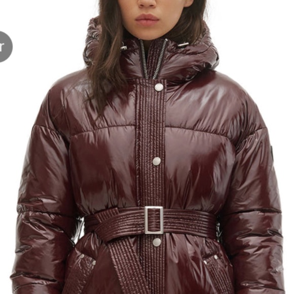Noize | Jackets & Coats | Noize Azzurra Patent Belted Hooded Puffer Jacket In Oxblood Puffer ...